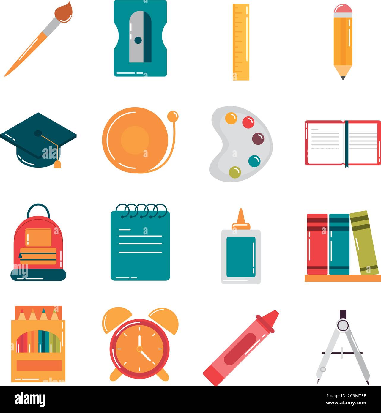 school education supply class stationery flat style icons set vector ...