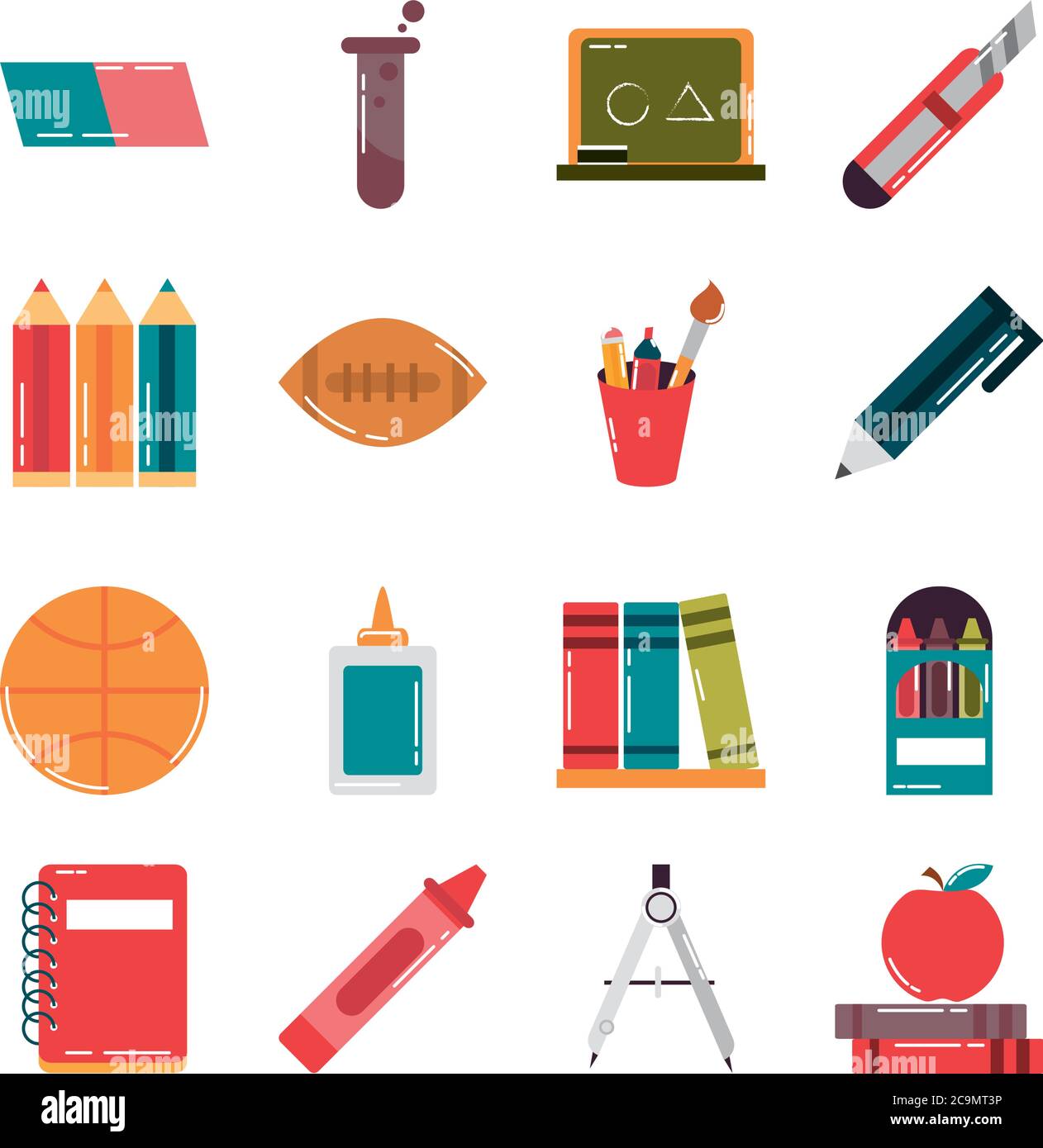 school education supply class stationery flat style icons set vector ...