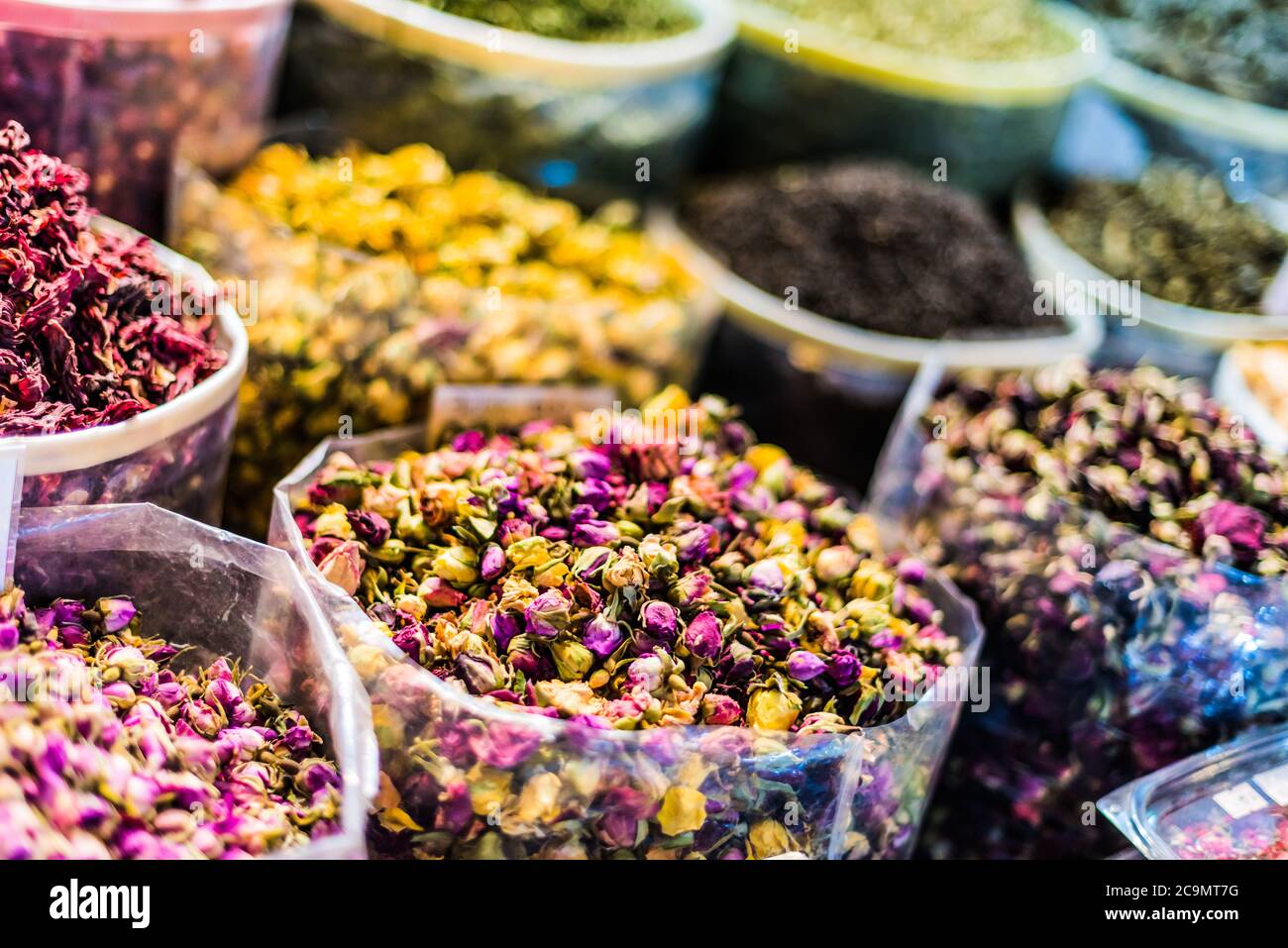 Variety of spices and herbs on the arab street market stall. Souq Waqif ...
