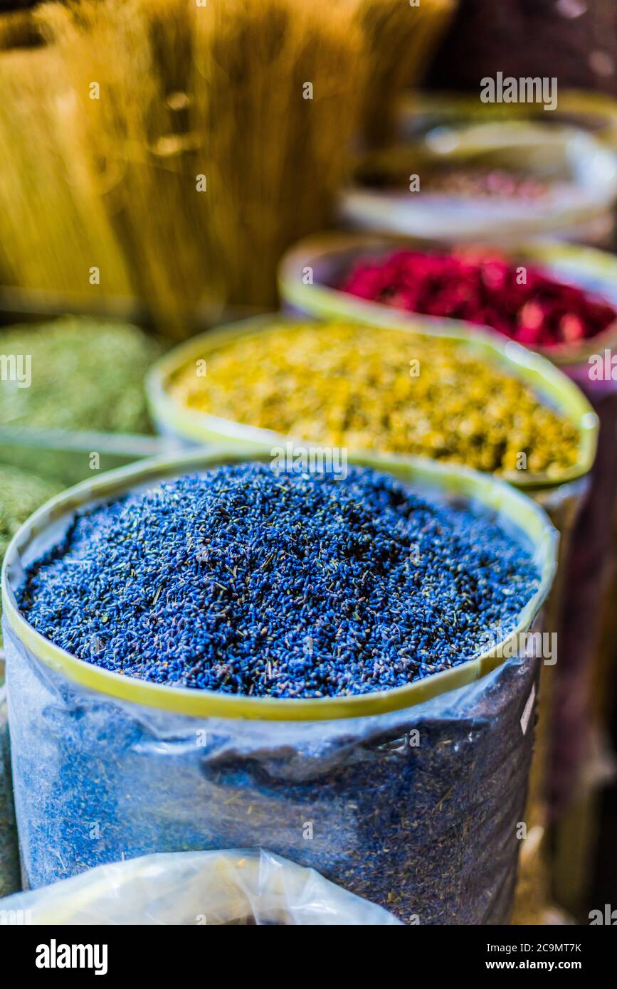 Variety of spices and herbs on the arab street market stall. Souq Waqif ...