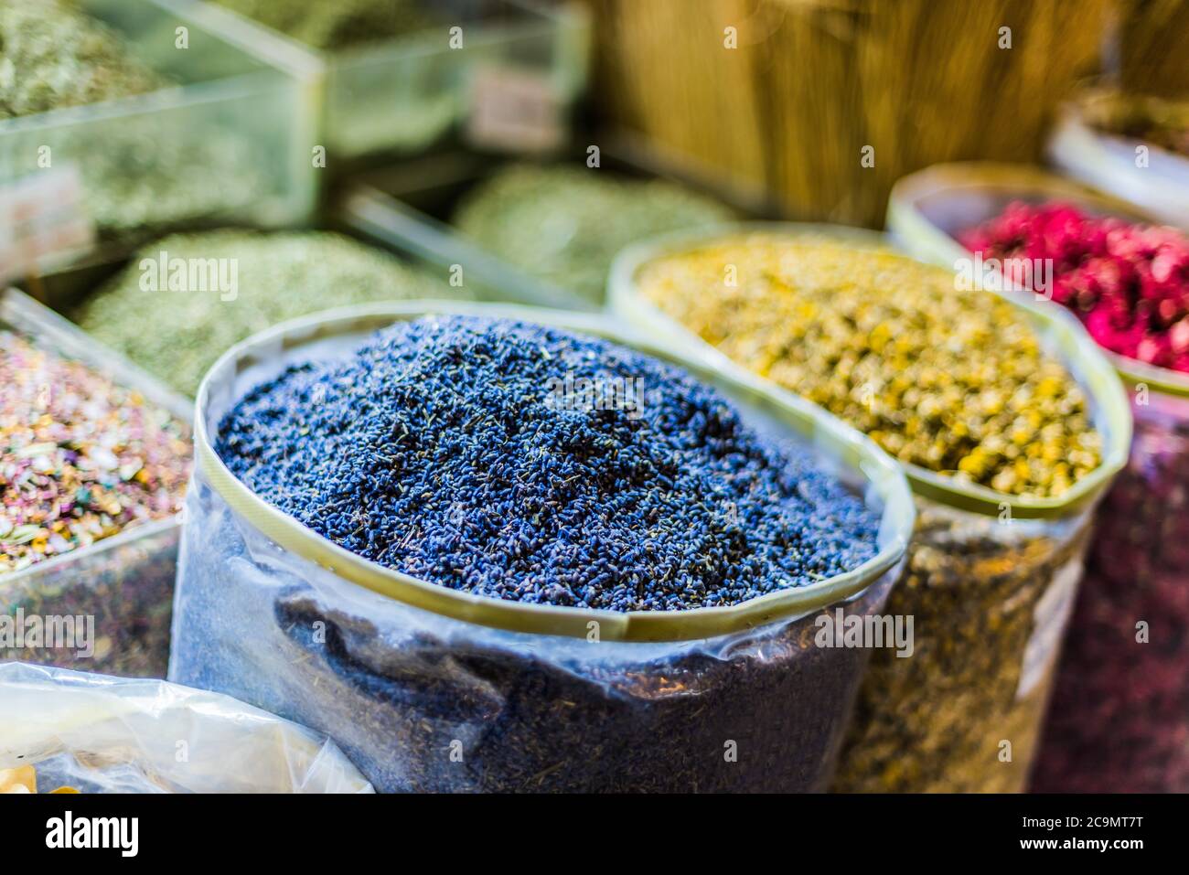 Variety of spices and herbs on the arab street market stall. Souq Waqif ...