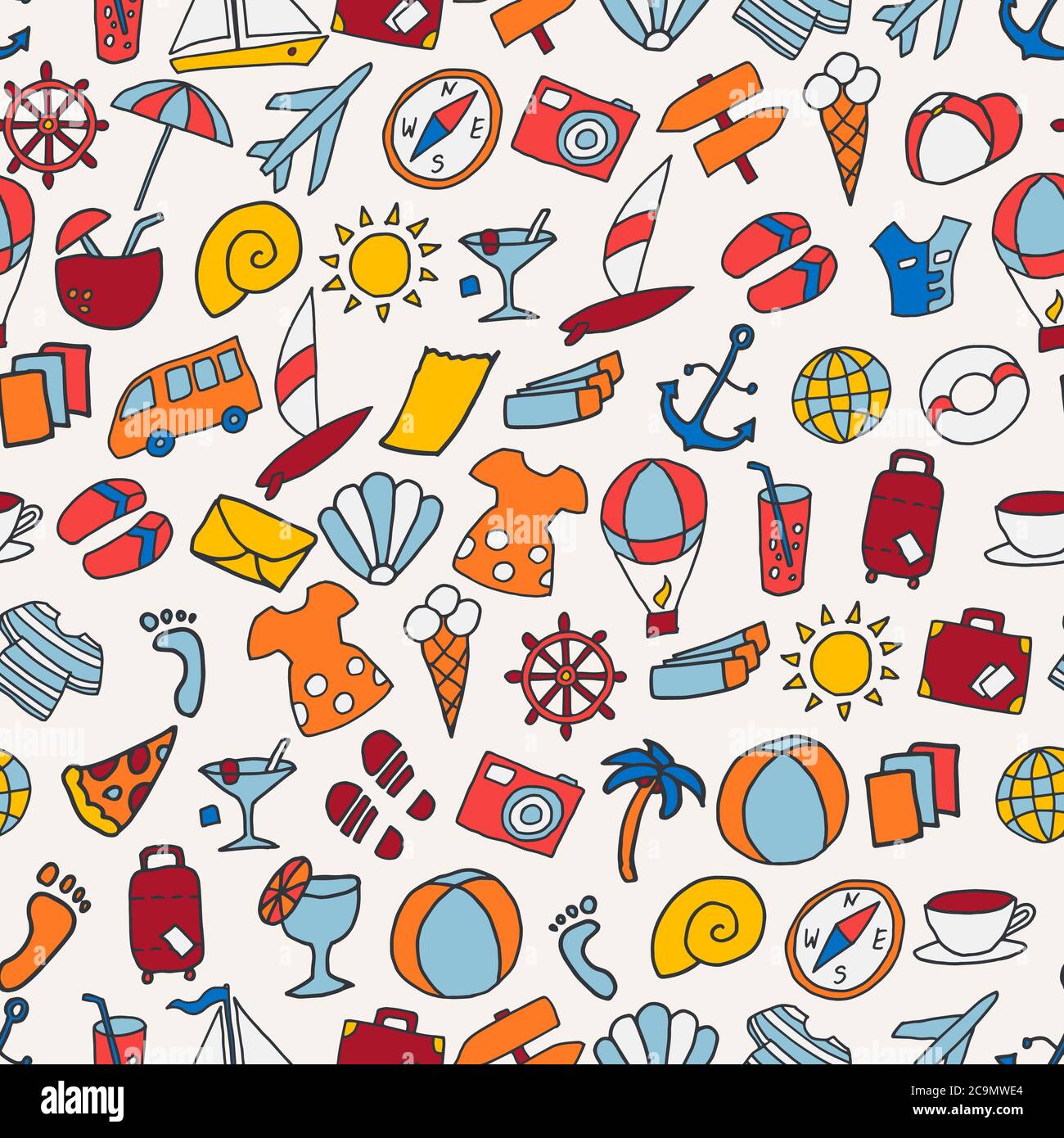 Seamless pattern with colorful cartoon travel items Stock Vector Image ...