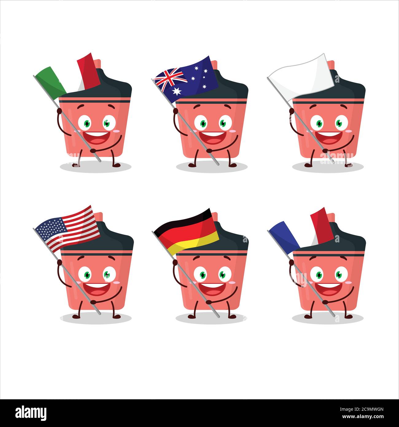 Pink highlighter cartoon character bring the flags of various countries ...