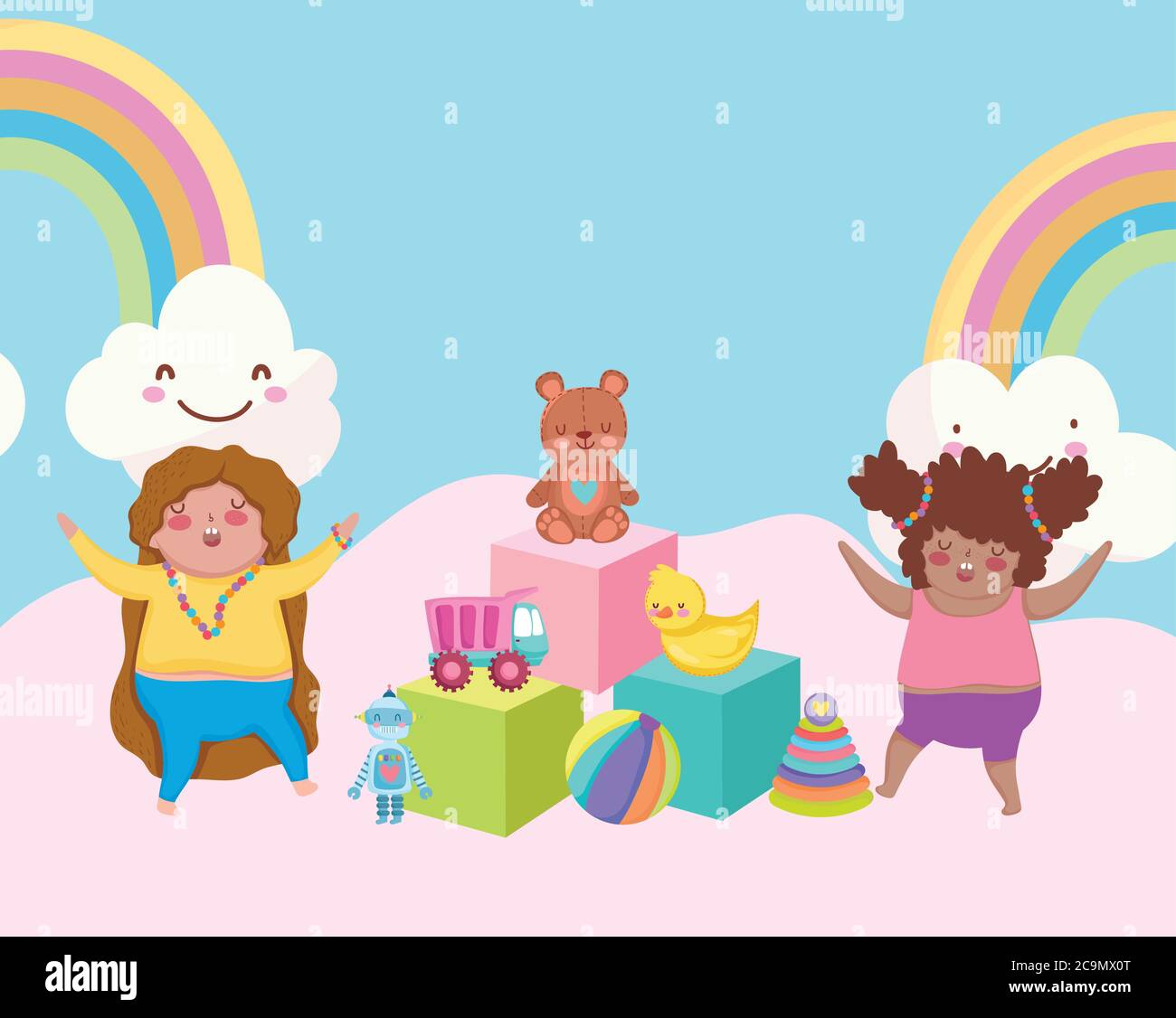 toys object for small kids to play cartoon, happy girls with duck bear ...