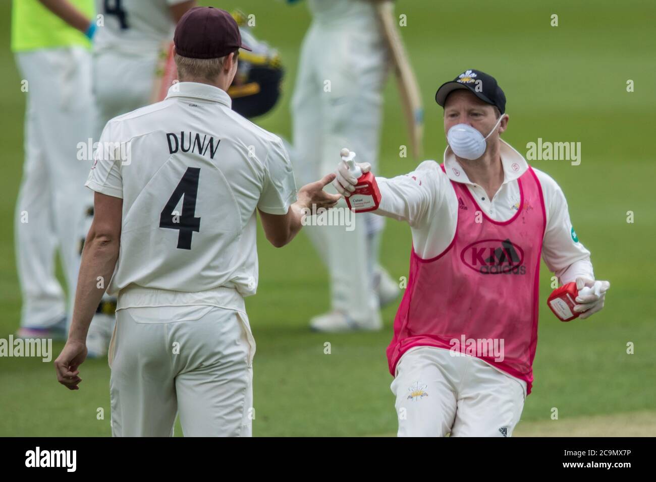 London, UK. 1 August, 2020. Gareth Batty on sanitizer duty for Surrey ...