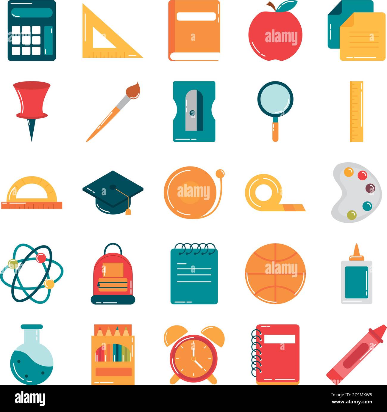 school education supply class stationery flat style icons set vector ...