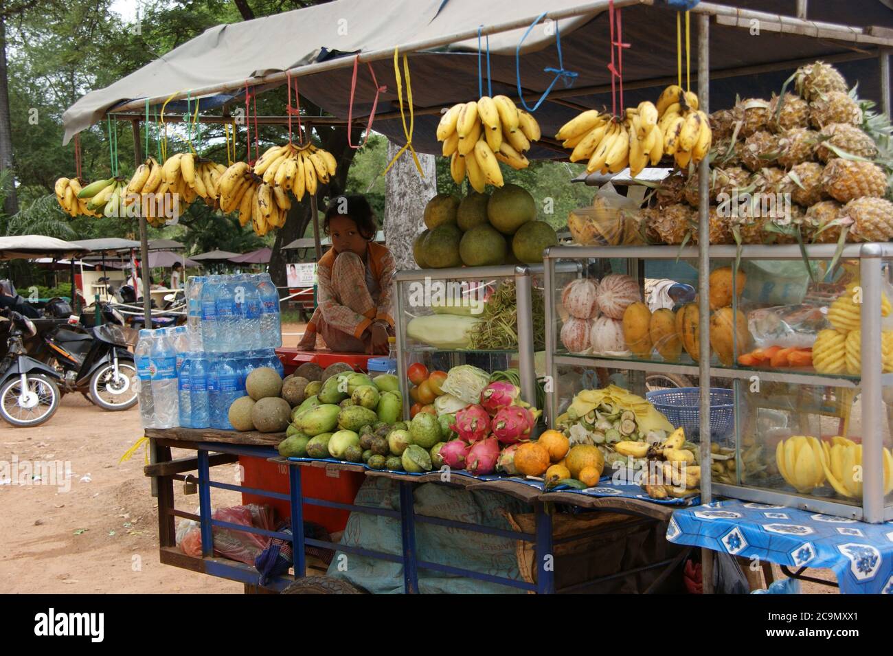 Young girl selling fruit at an Asian market , supplying a variety of ...