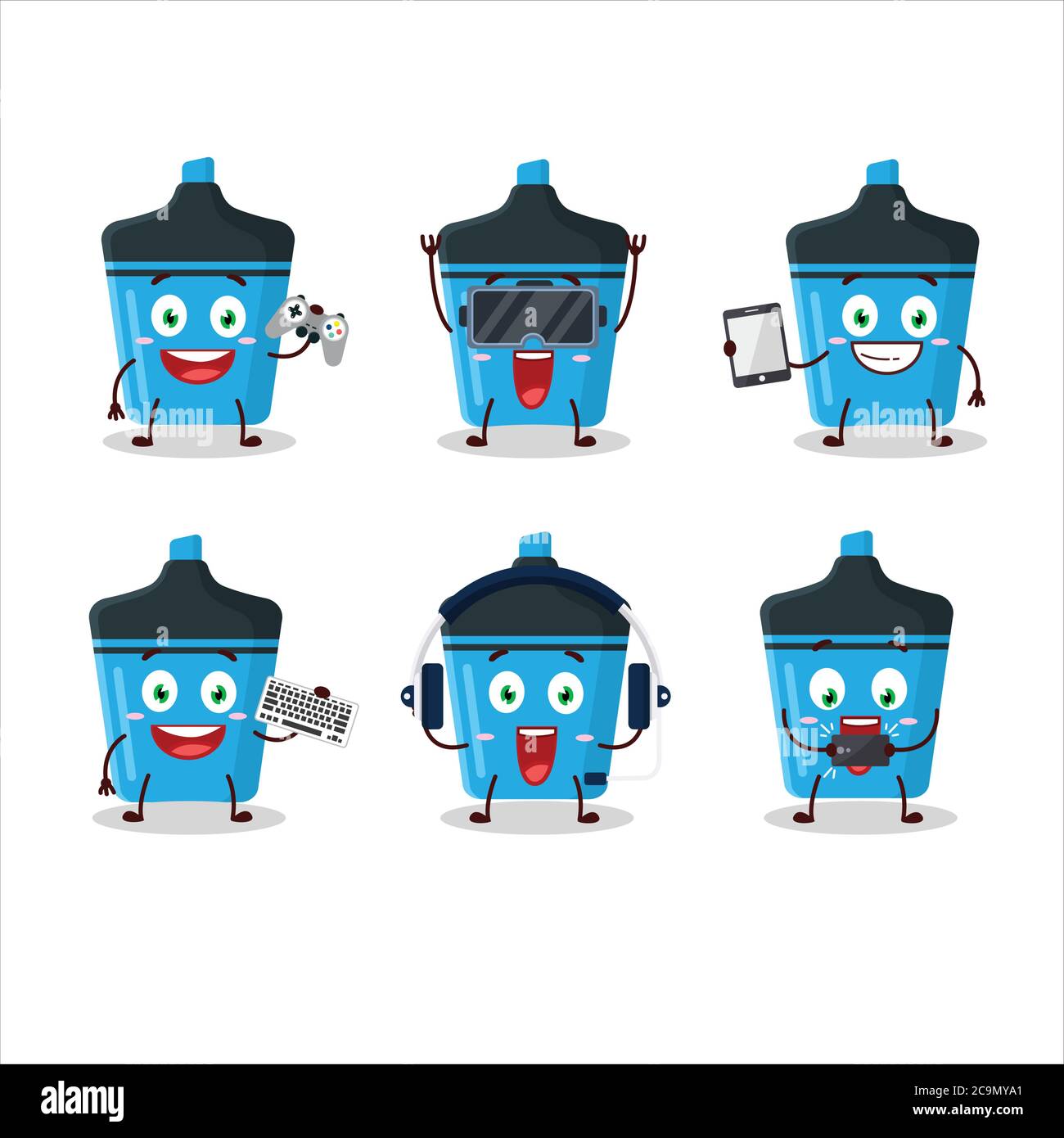 Blue highlighter cartoon character are playing games with various cute ...