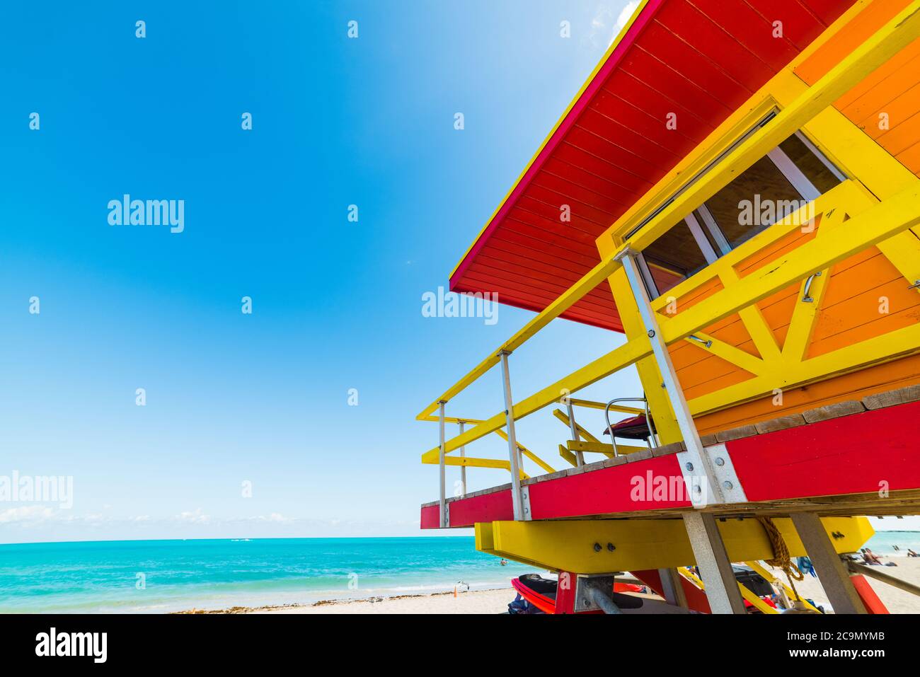 Orange, red and yellow lifeguard tower in Miami Beach, USA Stock Photo ...