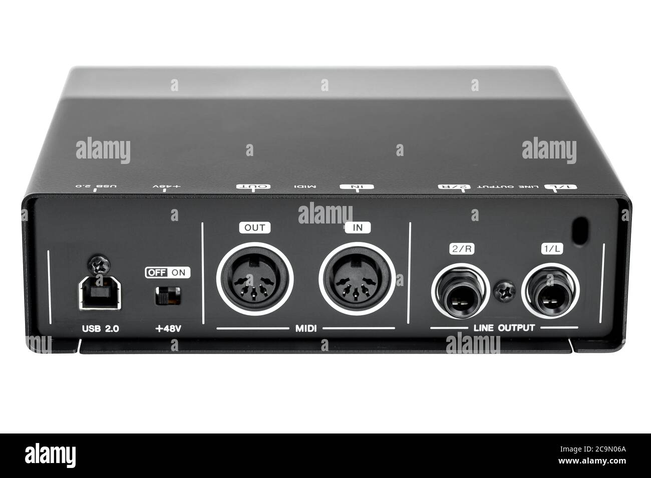 USB Audio interface back view of the panel with plugs for connection ...