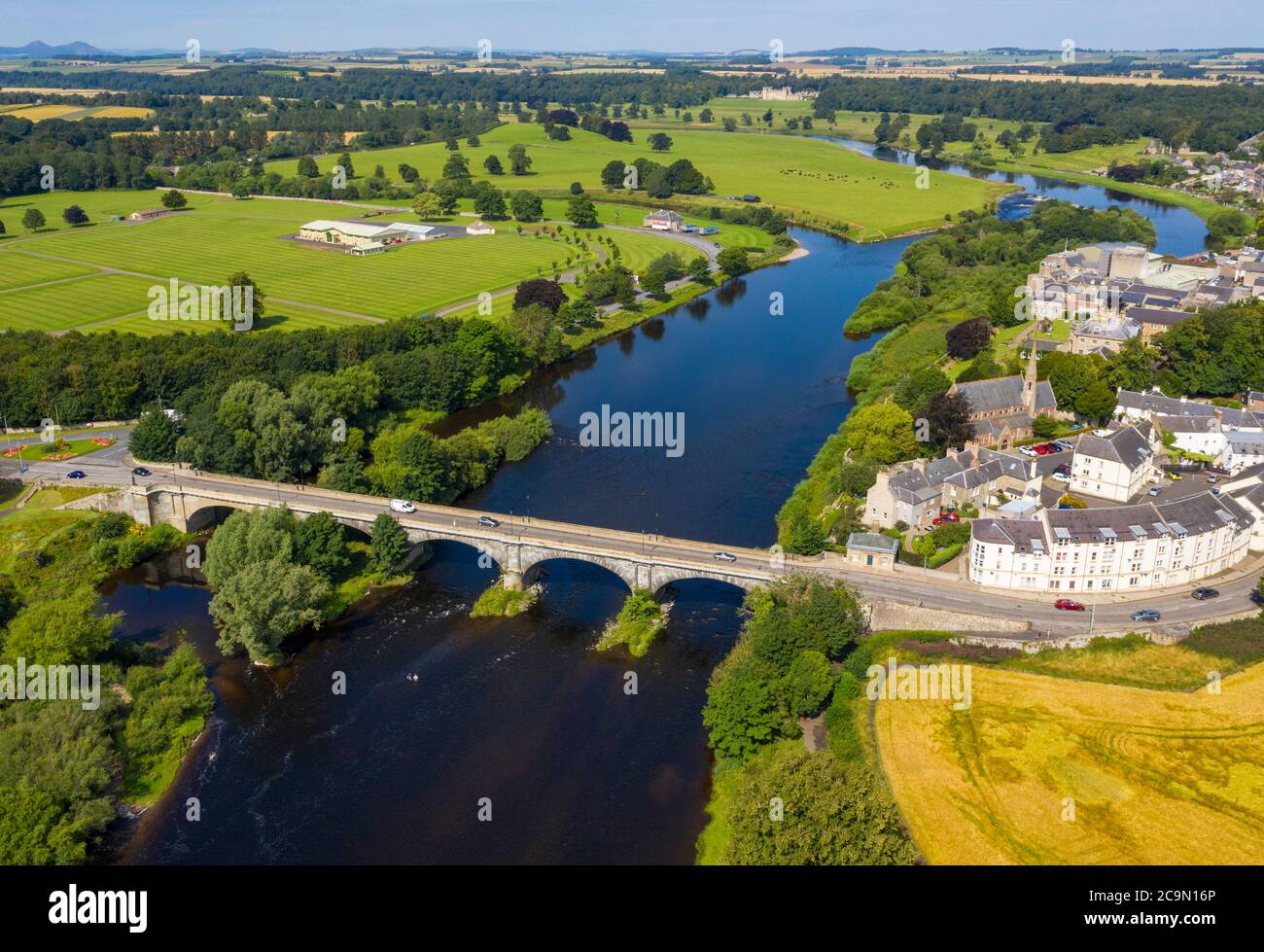 Aerial view of Kelso and the River Tweed with Floors Castle in the ...