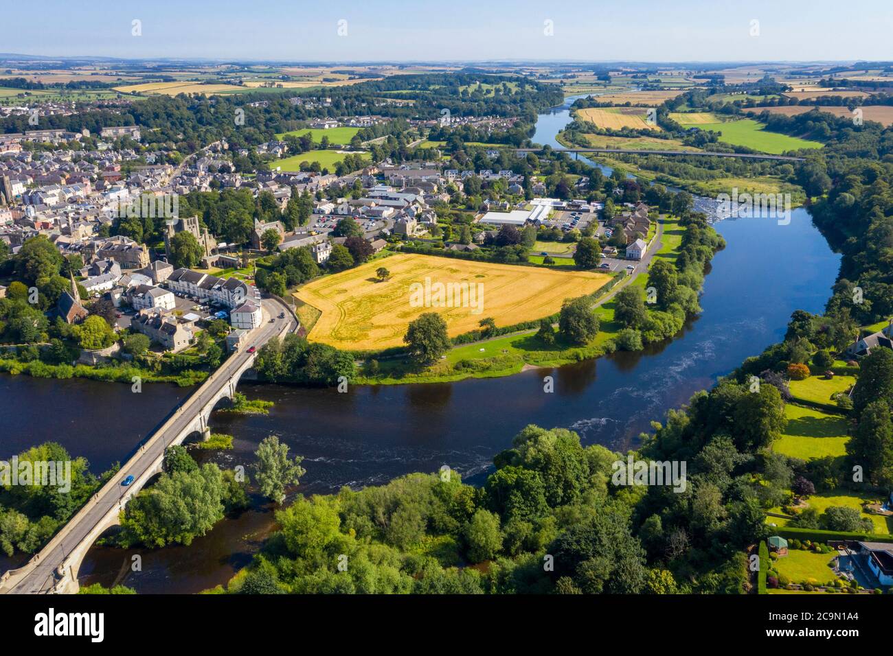 Aerial view of Kelso and the River Tweed, Roxburghshire, Scottish ...