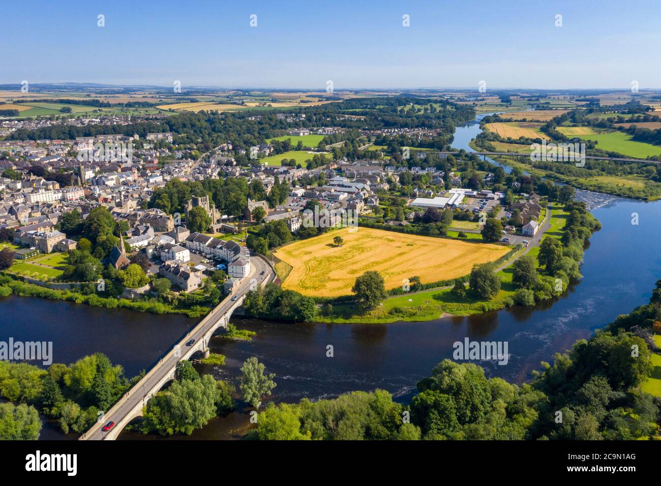 Aerial view of Kelso and the River Tweed, Roxburghshire, Scottish ...