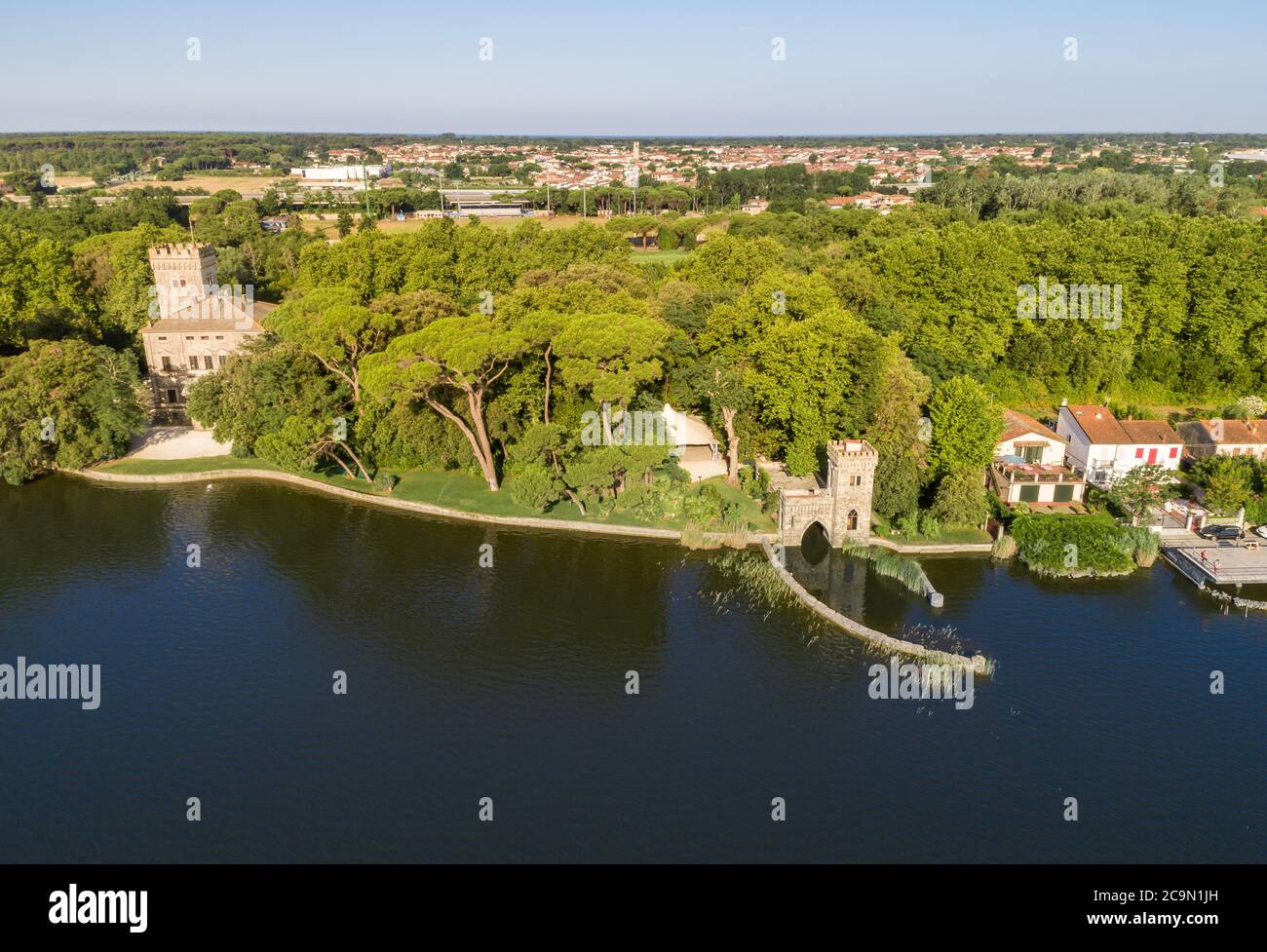 Aerial view of Torre del Lake Puccini on lake Massaciuccoli, fraction ...