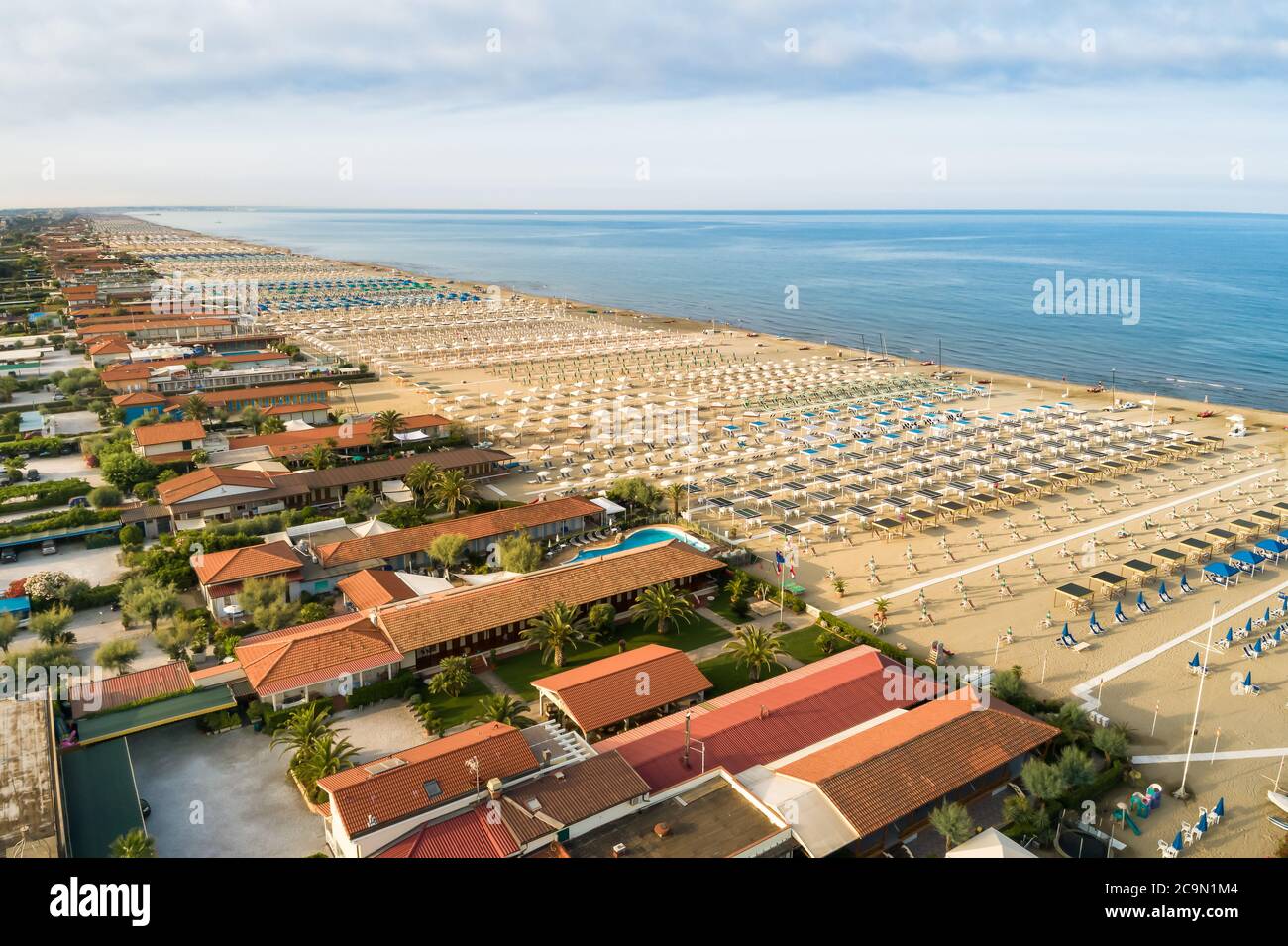 Aerial view of the Marina di Pietrasanta beach in the early morning in ...