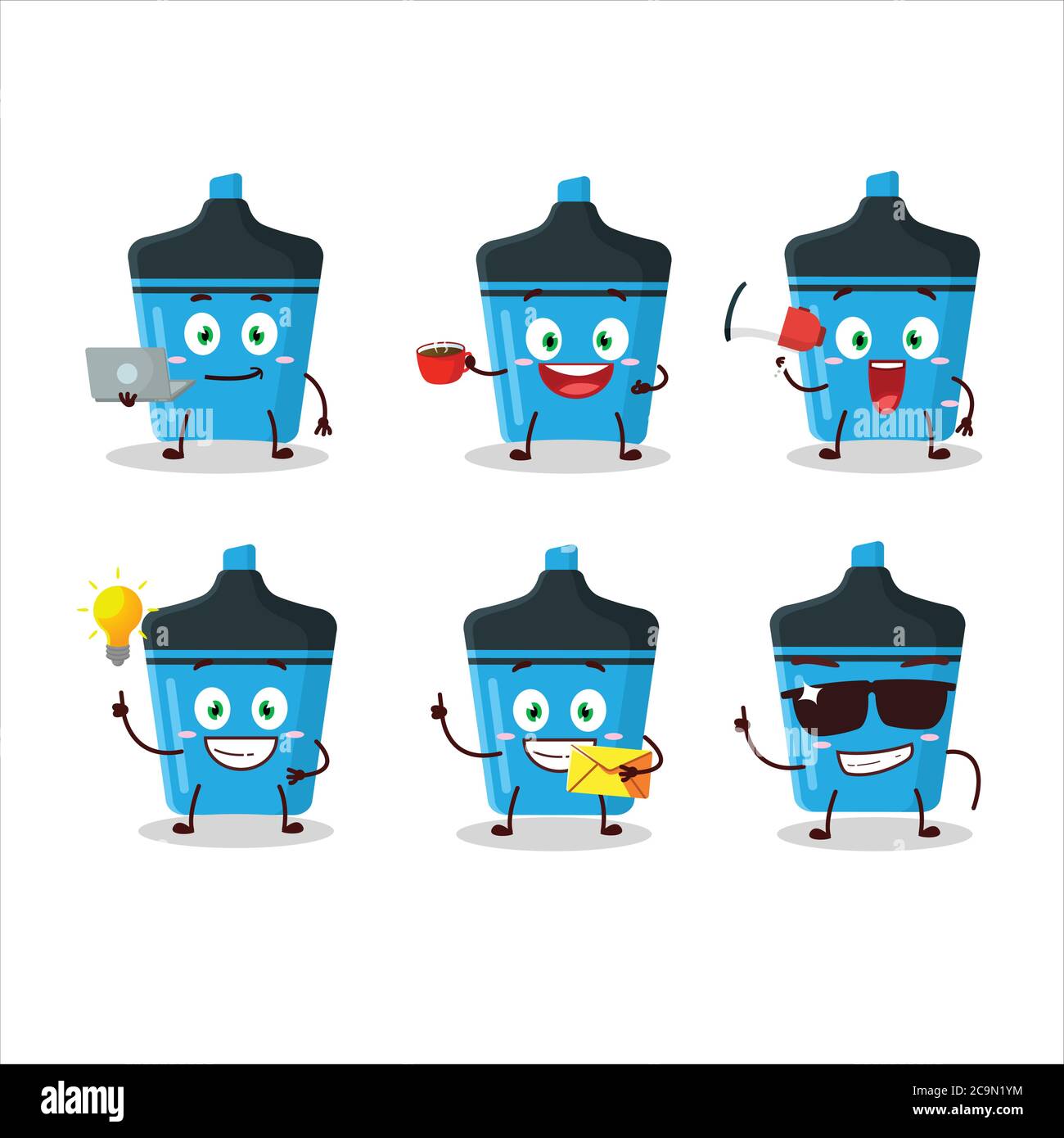 Blue highlighter cartoon character with various types of business ...