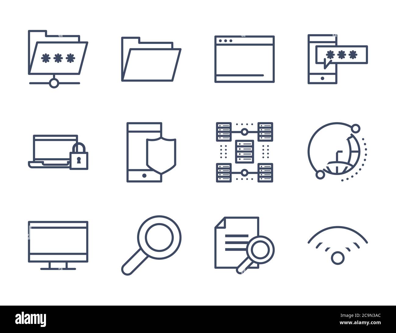 line style icon set design, Data center base security system hardware technology protection and ...