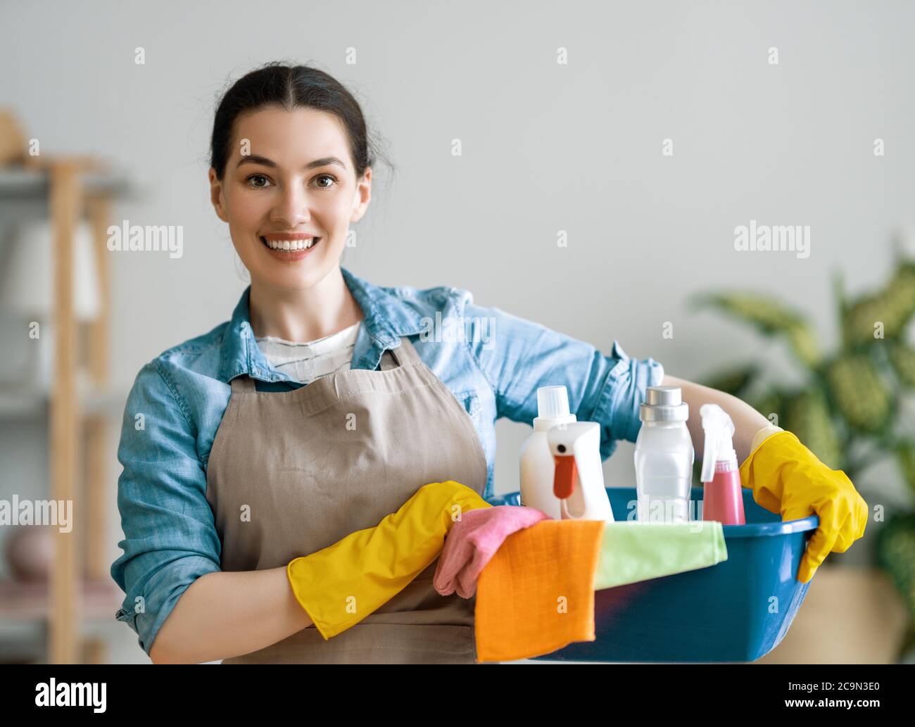 Beautiful young woman doing cleaning the house Stock Photo - Alamy