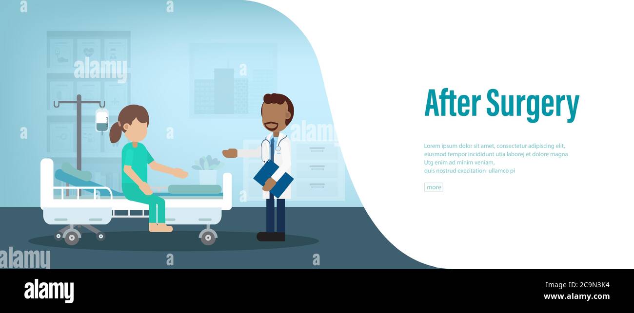 After surgery banner with doctor and surgery patient in room flat ...