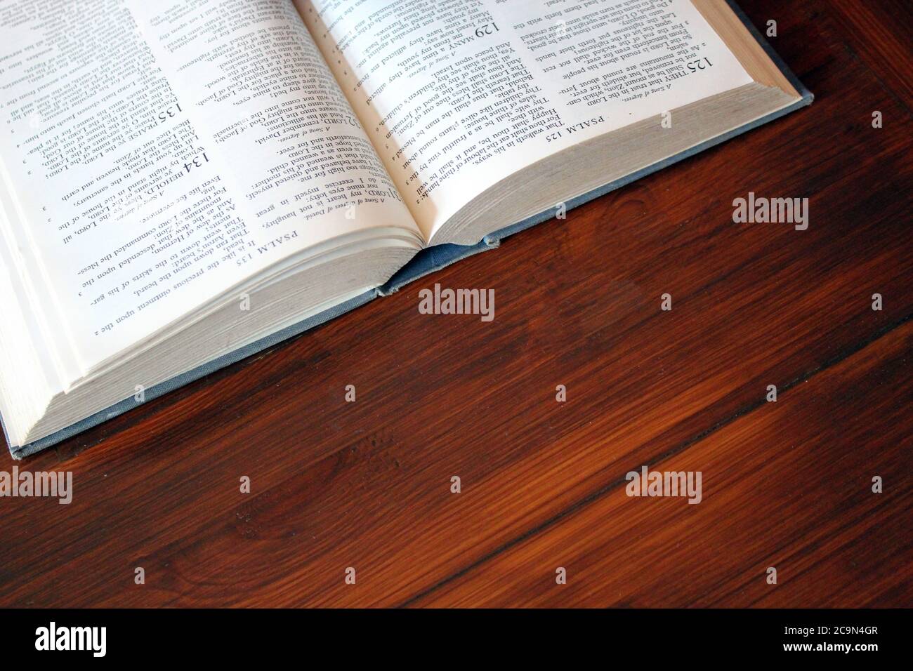 bible open on table for bible study dark wood background with copy ...