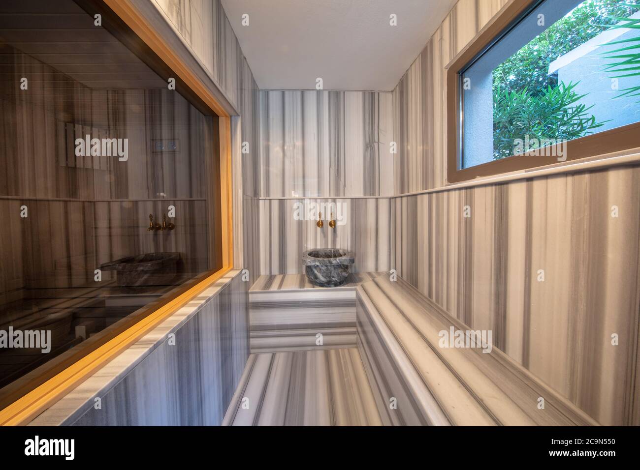 Interior of Turkish sauna, classic wooden sauna. Standard wooden sauna ...