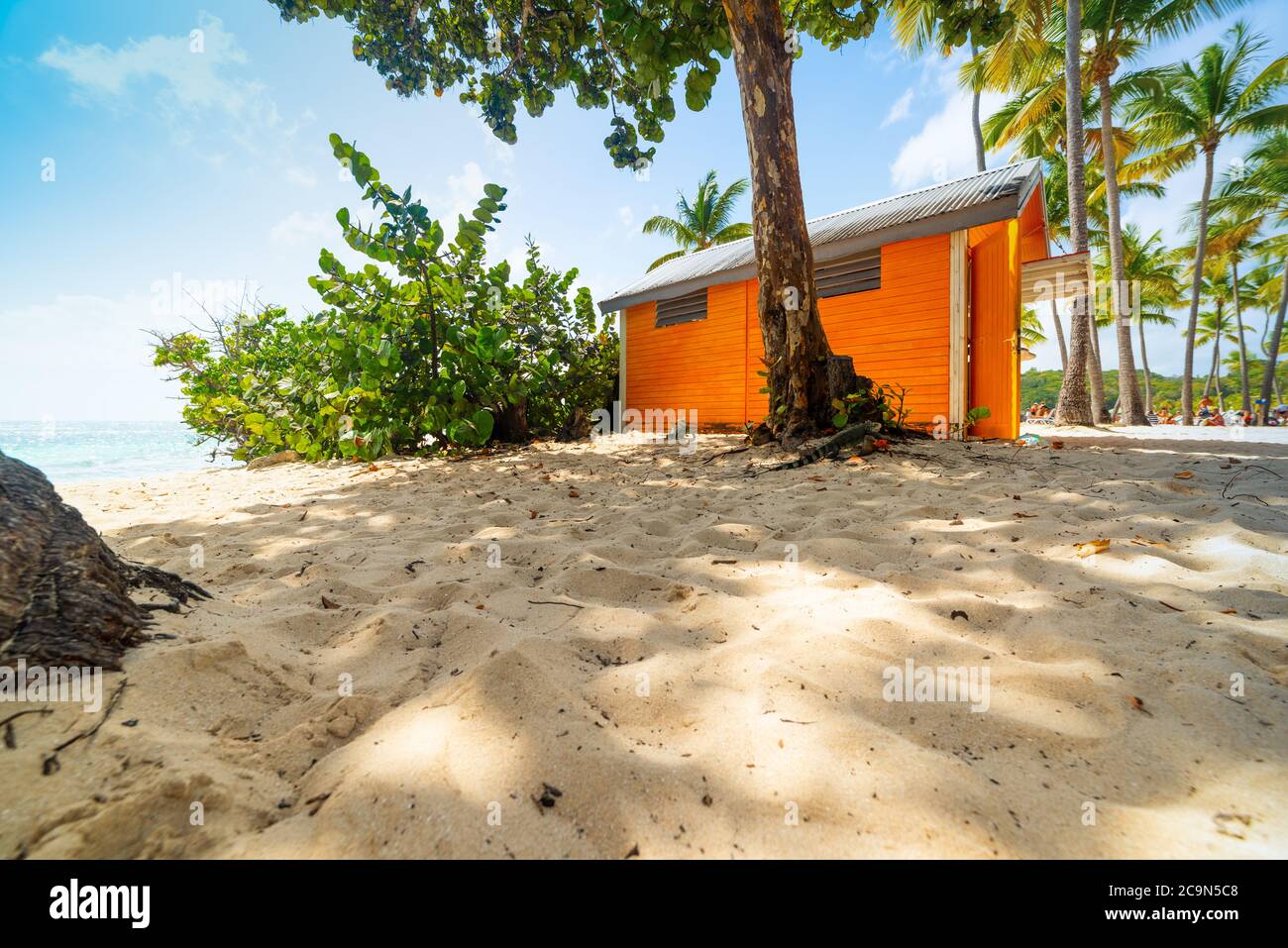 Orange cabin in La Caravelle beach in Guadeloupe, French west indies ...