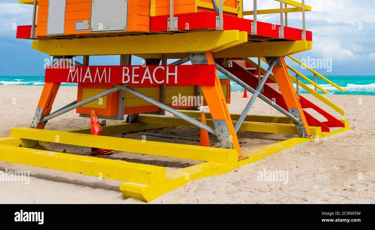 Miami Beach written on a colorful lifeguard tower Stock Photo - Alamy