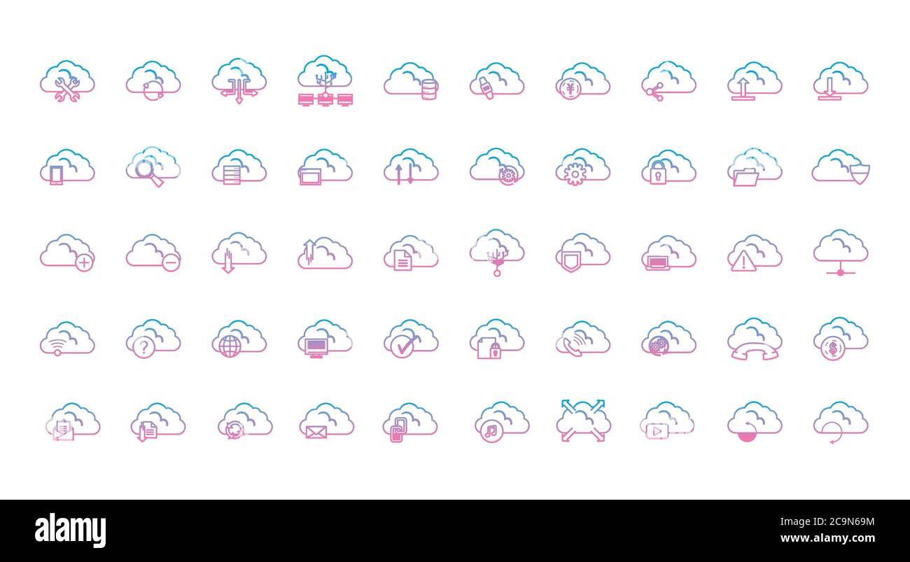 Cloud computing gradient style icon set design, Communication internet and connectivity theme ...