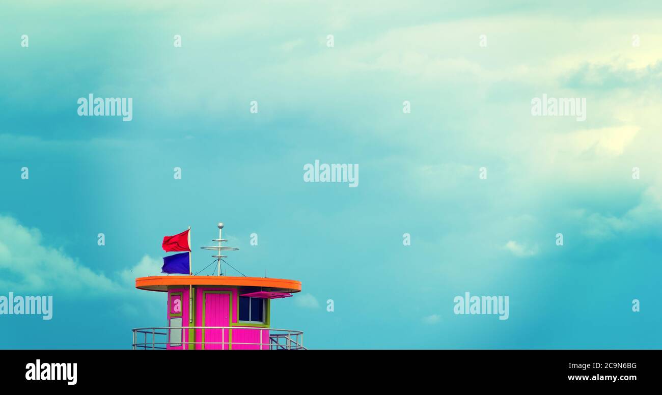 Pink lifeguard hut under an overcast sky in Miami Beach, USA Stock ...