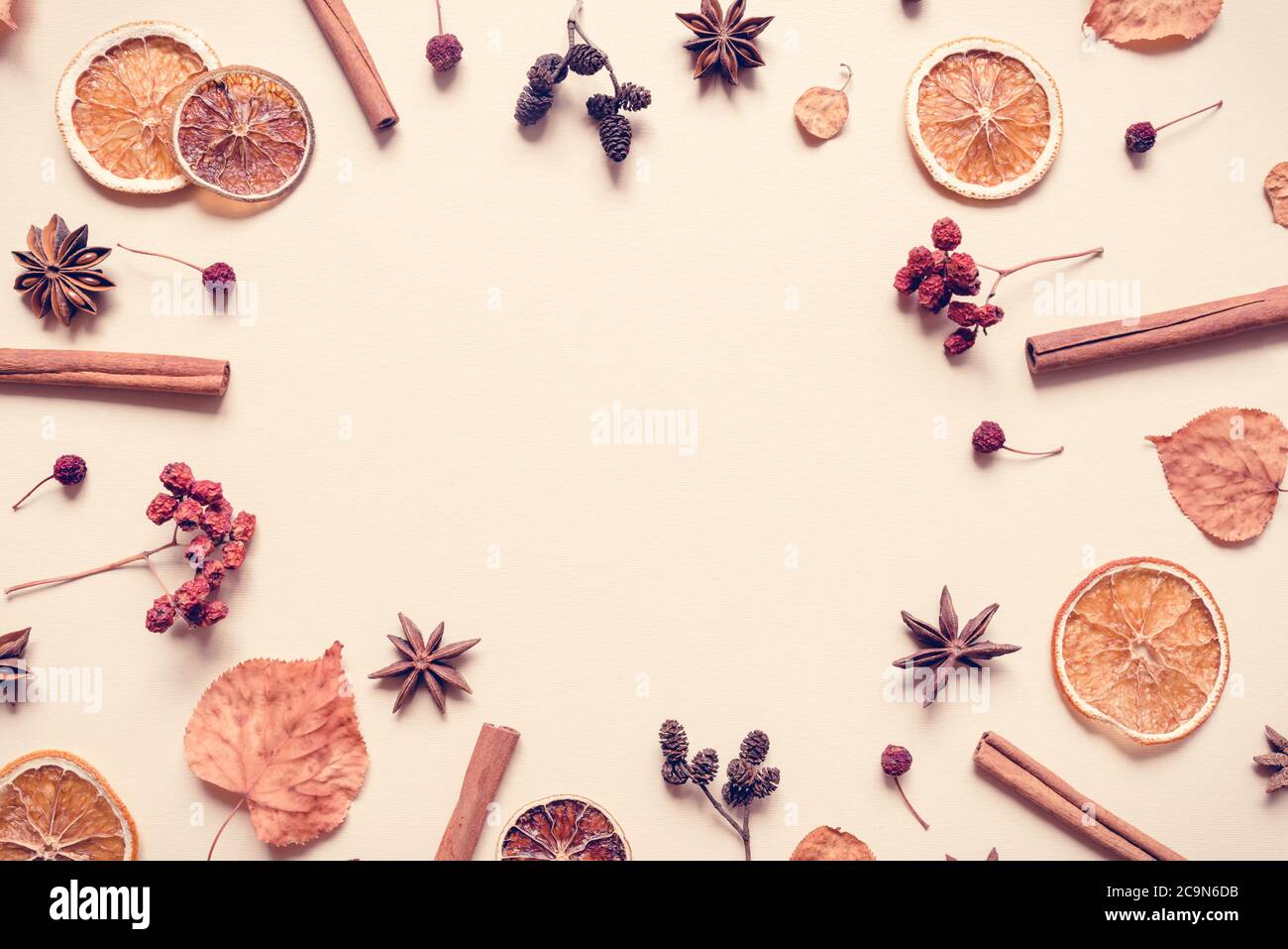 Autumn pastel background made of leaves, berries and spices Stock Photo ...