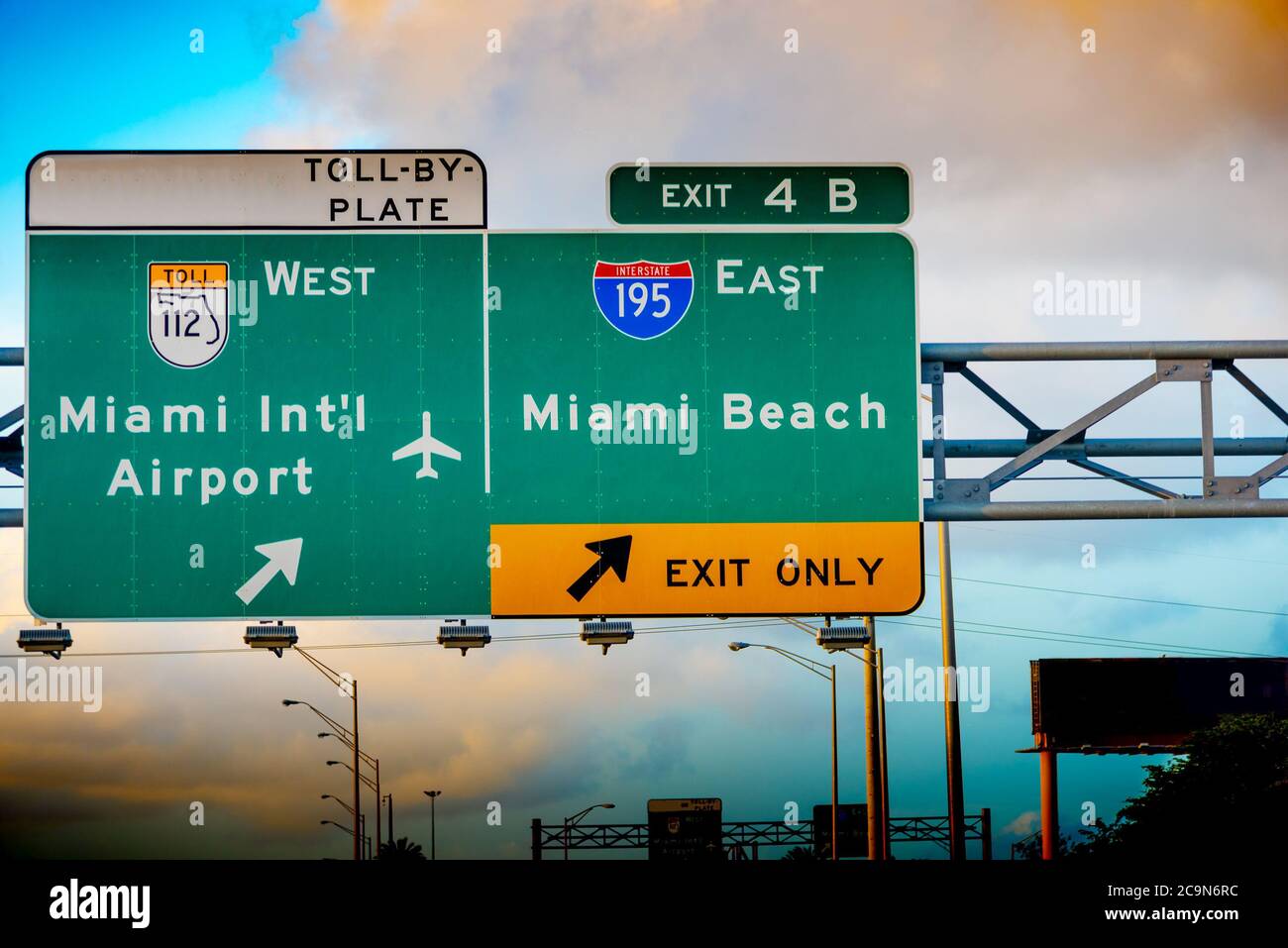 Miami Beach and Miami International Airport exit sign on 195 Interstate ...