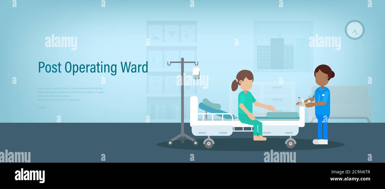 Post operating ward banner with nurse and recovery patient in room flat ...