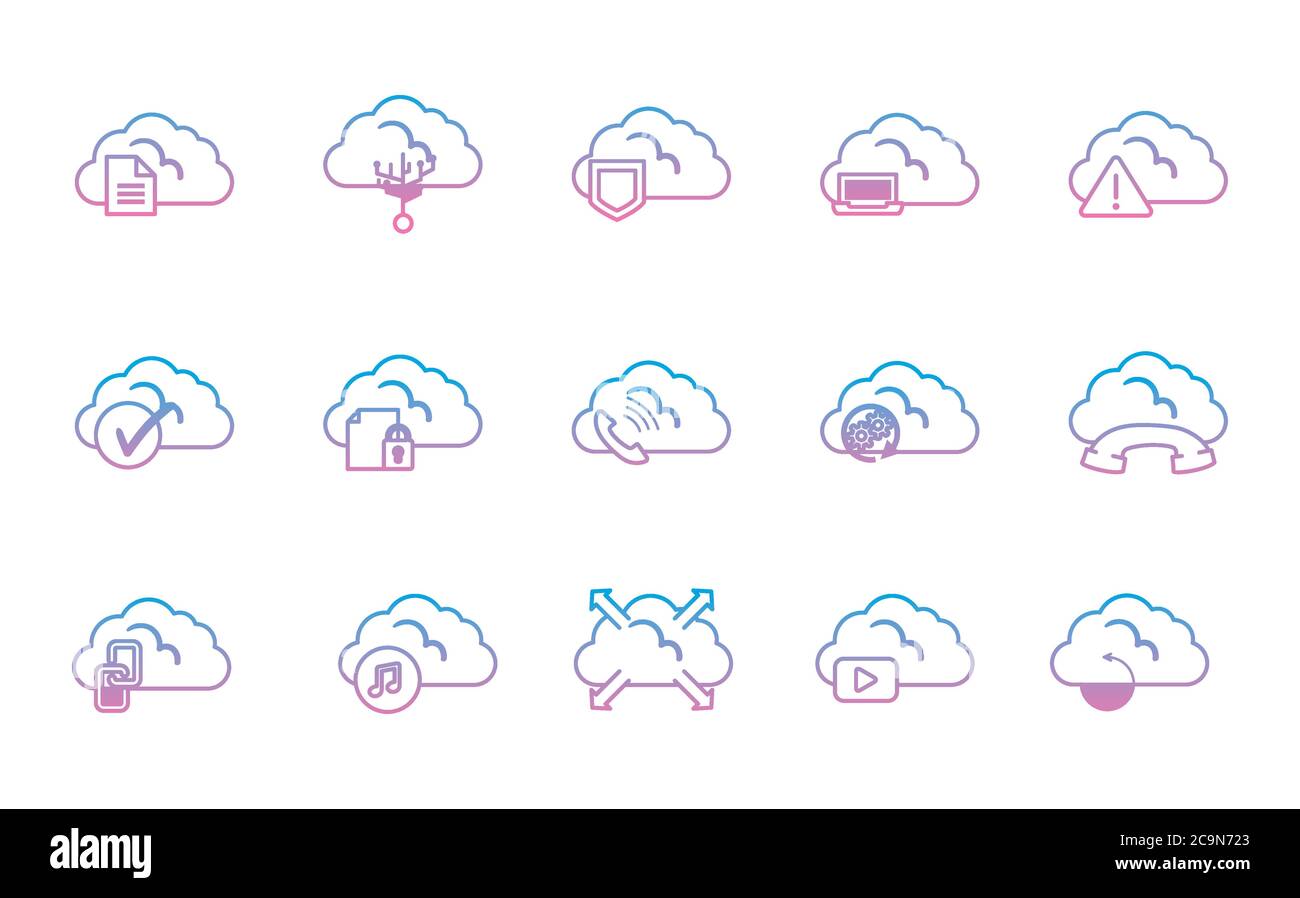 Cloud computing gradient style icon set design, Communication internet and connectivity theme ...
