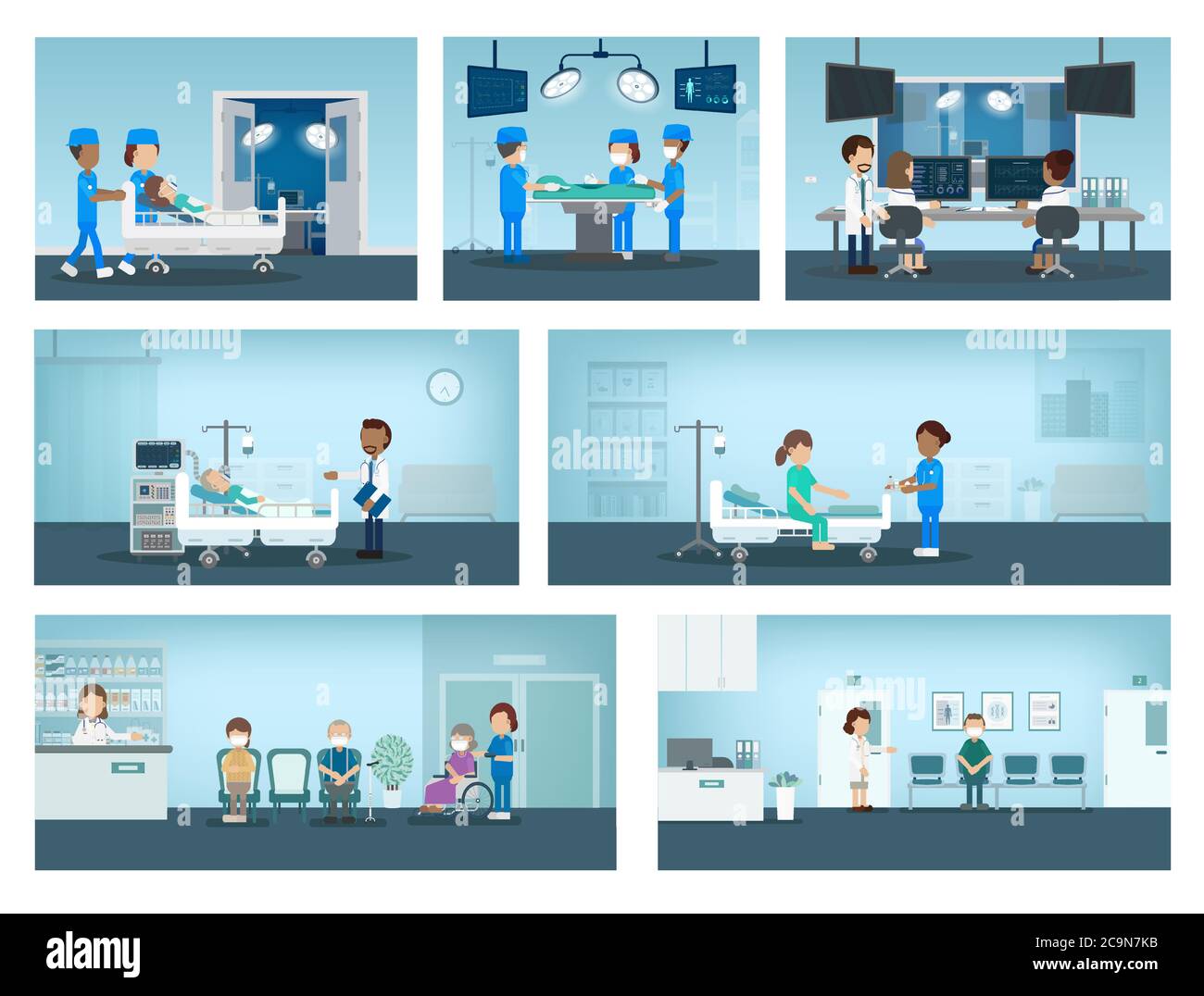 Set of surgery processes with surgeons and patient in room flat design ...