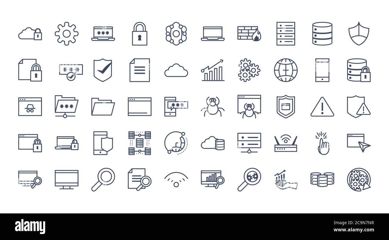 line style icon set design, Data center base security system hardware ...