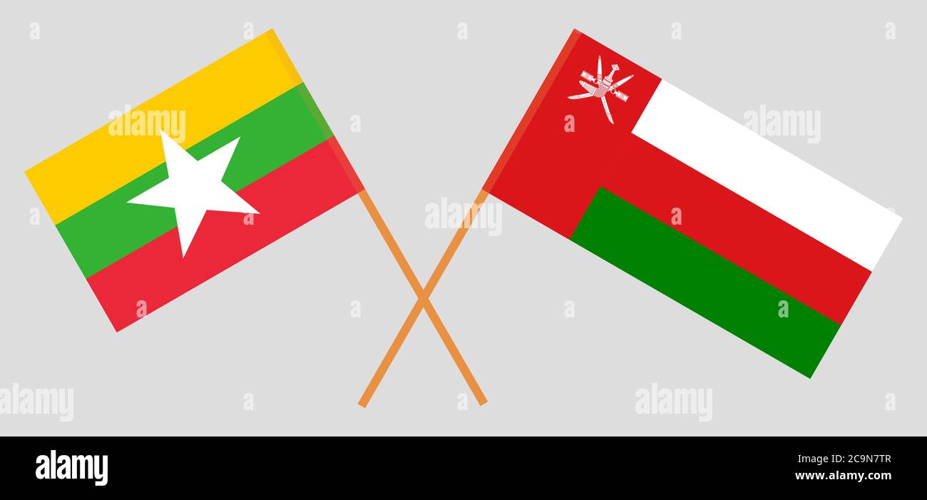 Crossed flags of Oman and Myanmar. Official colors. Correct proportion ...