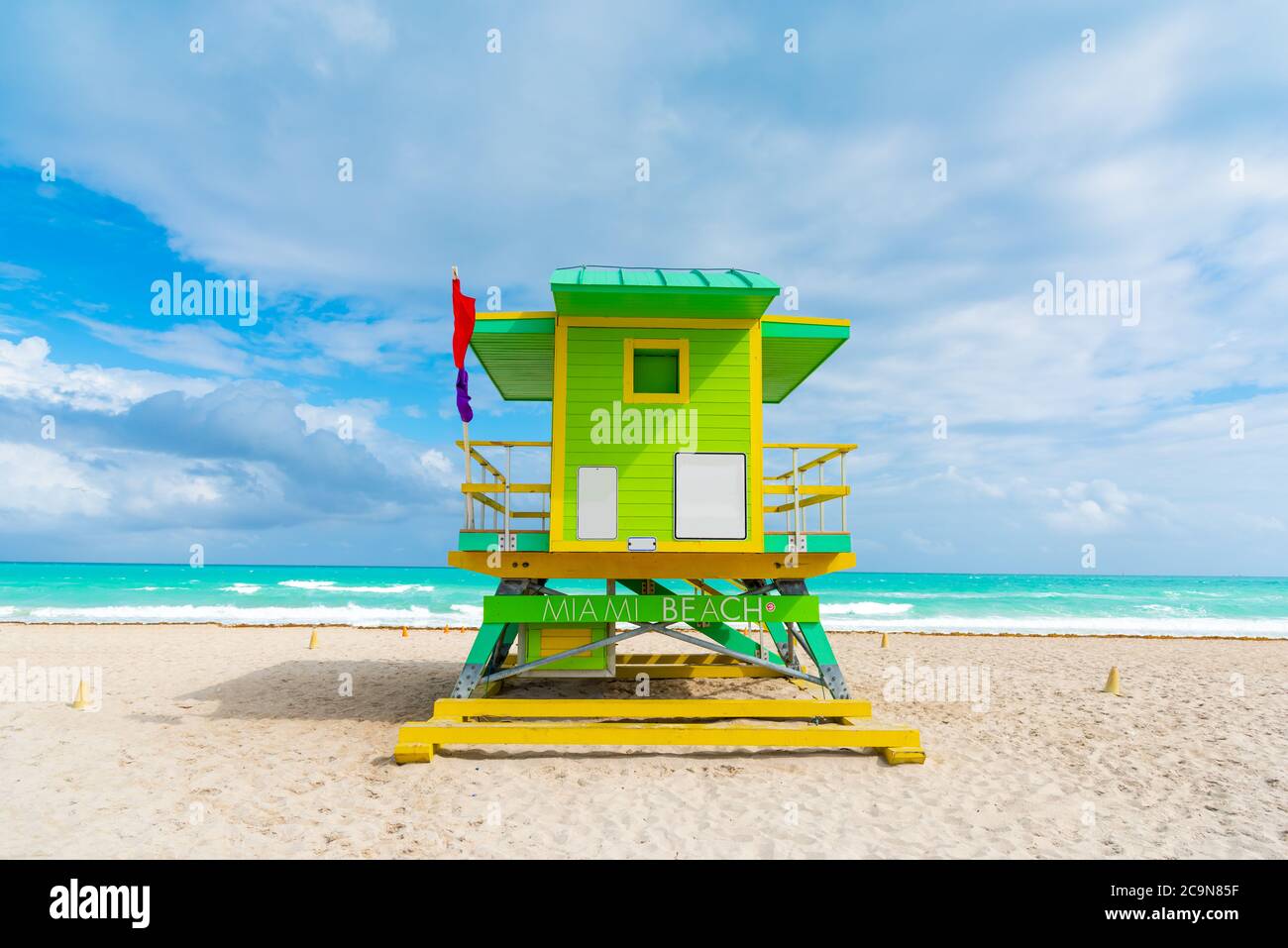 Green and yellow lifeguard tower in beautiful Miami Beach, USA Stock ...