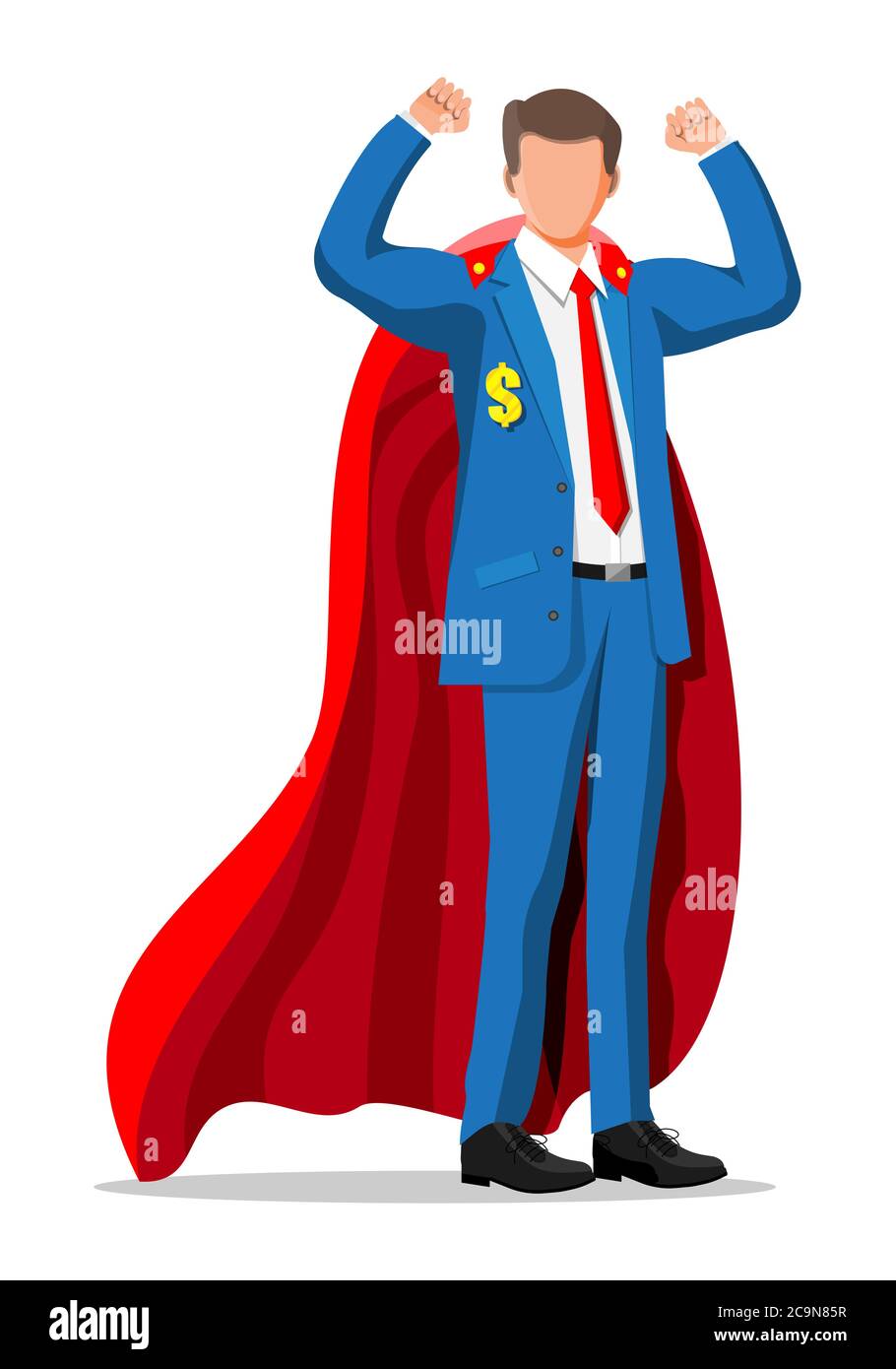 Superhero businessman shows muscles. Business man in suit and red cloak ...