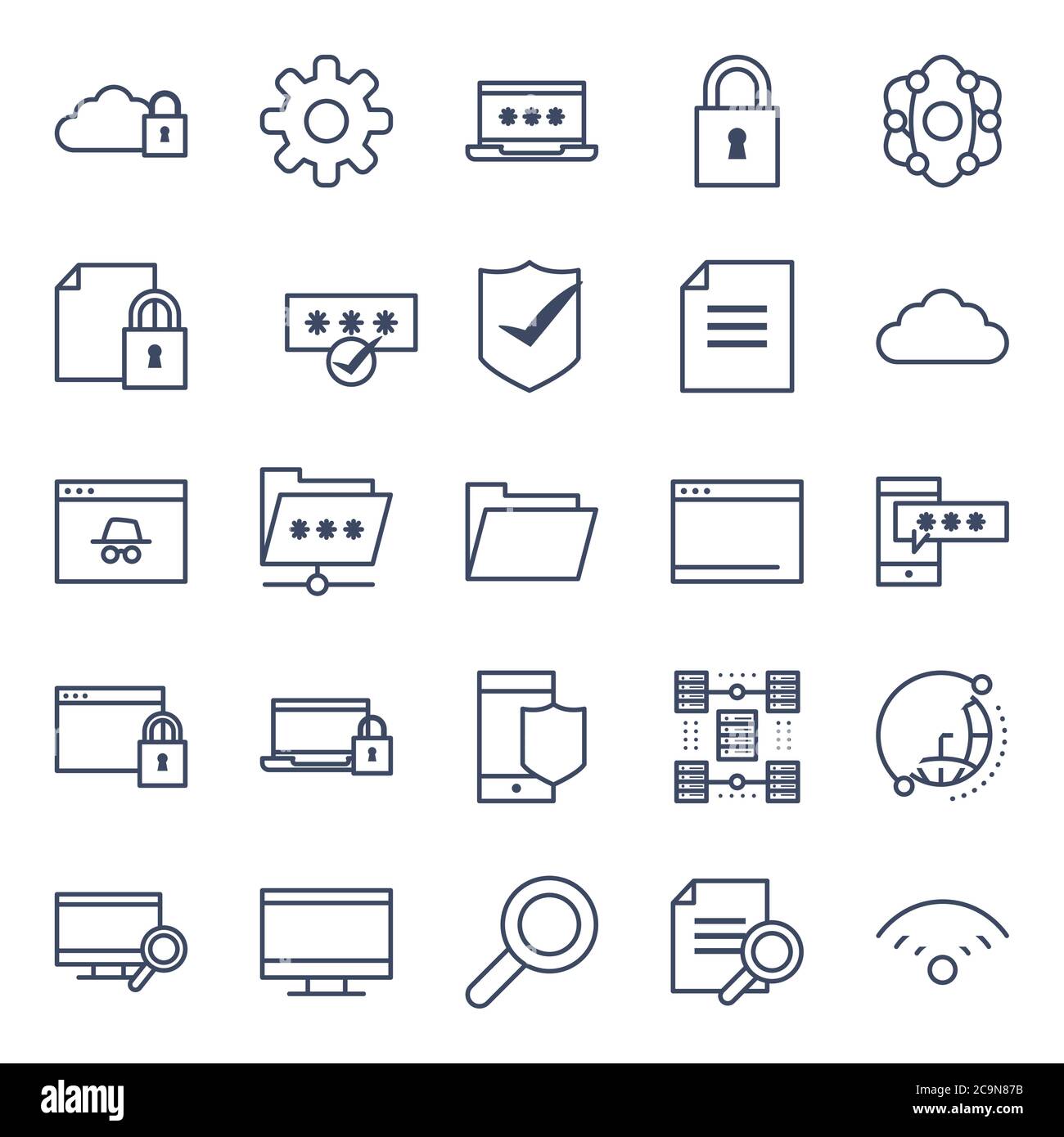 line style icon set design, Data center base security system hardware technology protection and ...