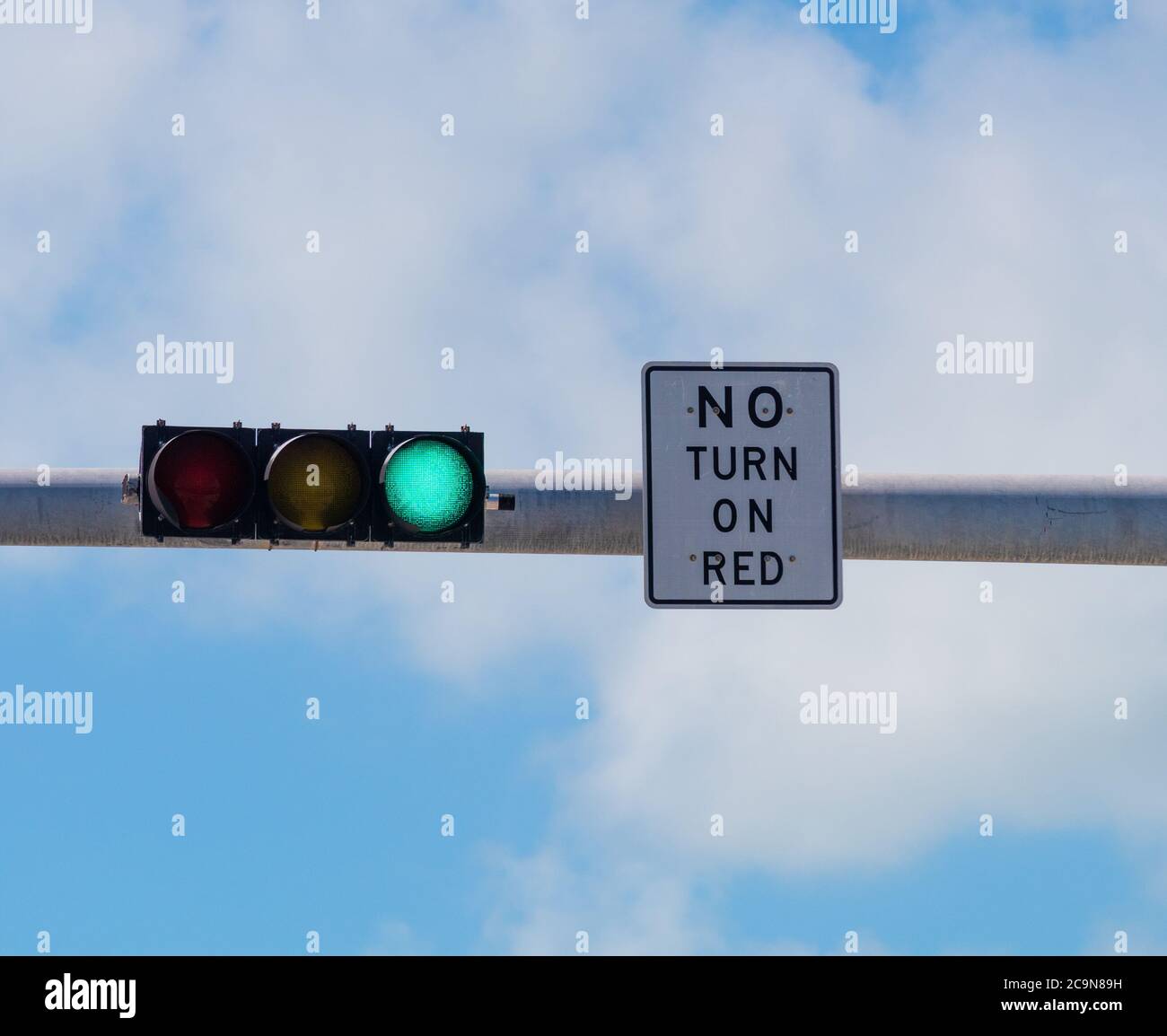Traffic light and No Turn on Red sign under a cloudy sky Stock Photo ...