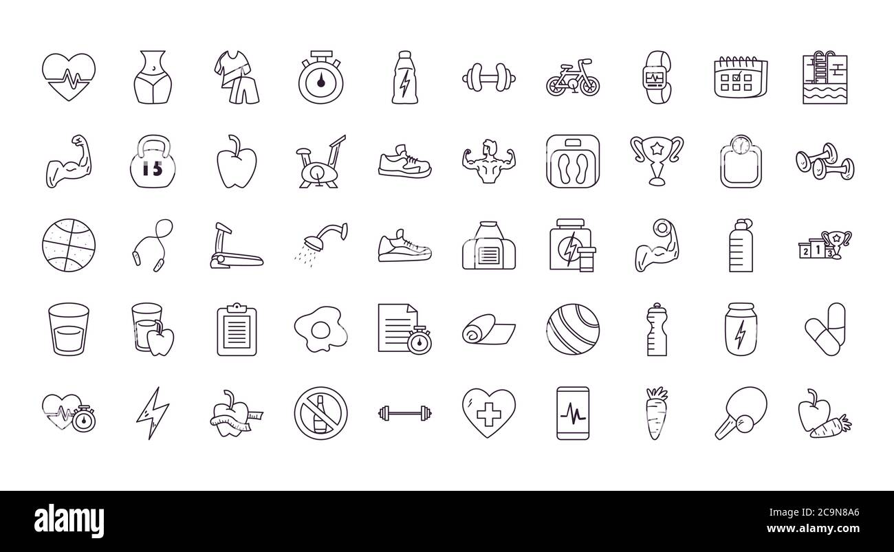 line style icon set design, healthy sport and activity theme Vector ...