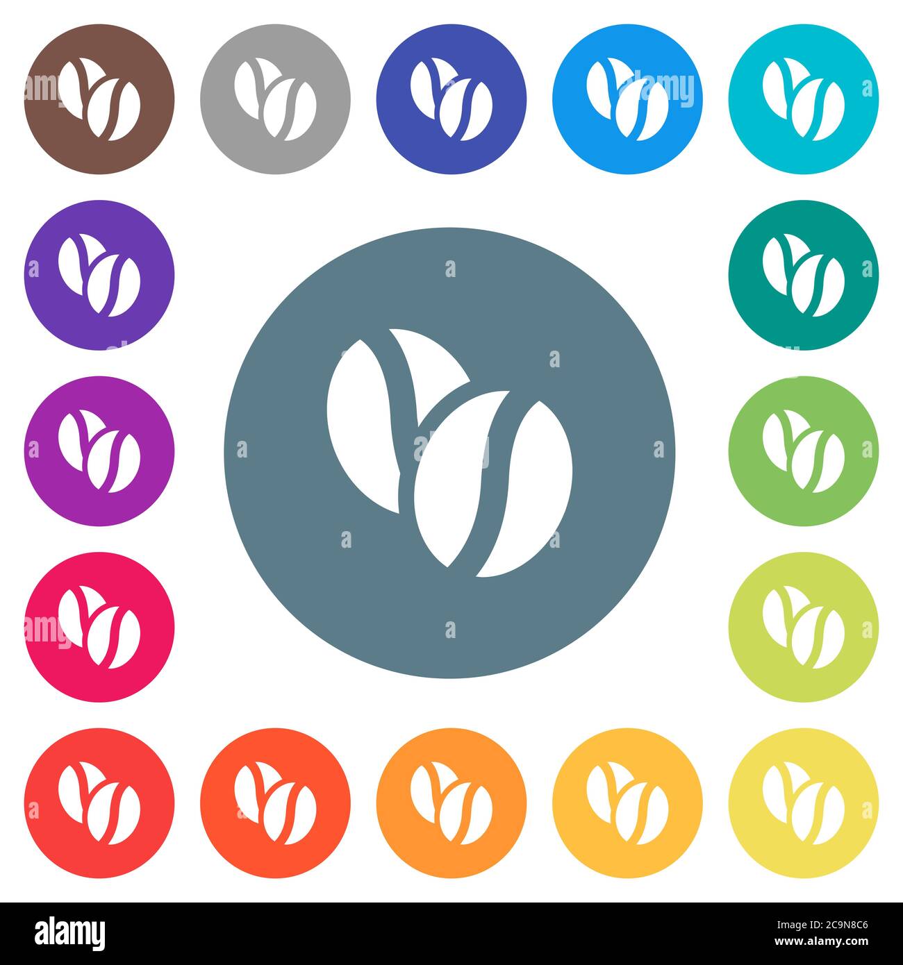 Coffe beans flat white icons on round color backgrounds. 17 background color variations are ...