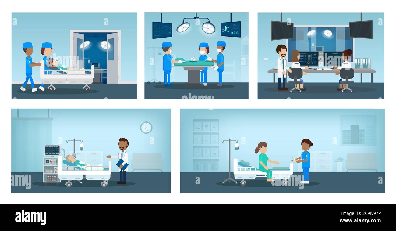 Set of surgery processes with surgeons and patient in room flat design ...