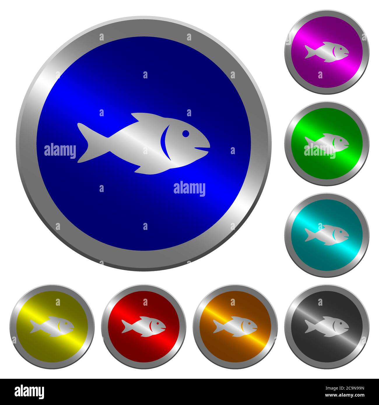 Fish icons on round luminous coin-like color steel buttons Stock Vector ...