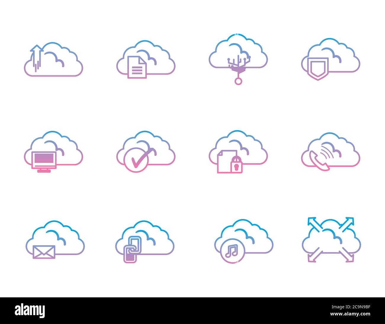 Cloud computing gradient style icon set design, Communication internet and connectivity theme ...