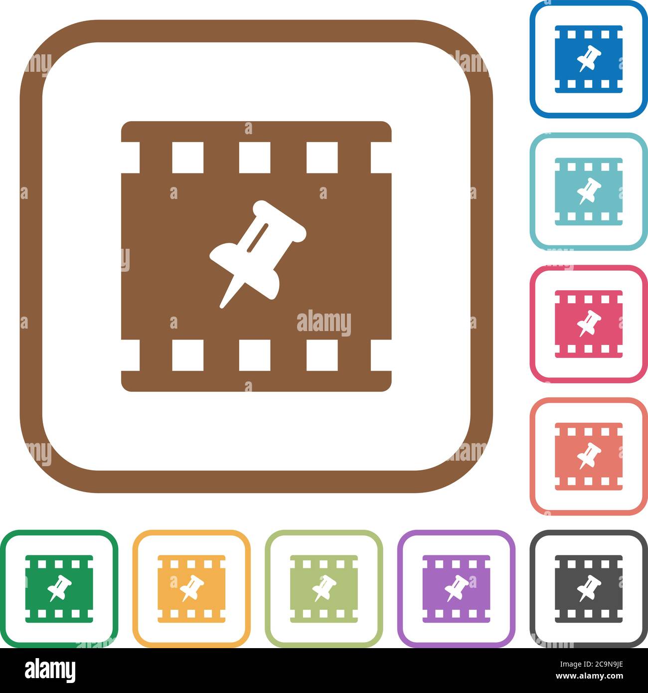 Pin movie simple icons in color rounded square frames on white ...