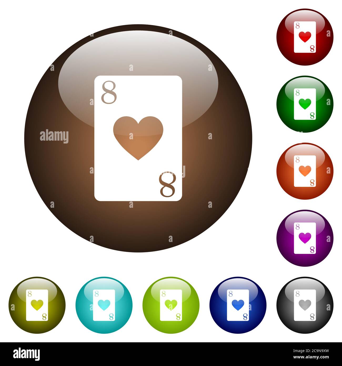 Eight of hearts card white icons on round color glass buttons Stock ...