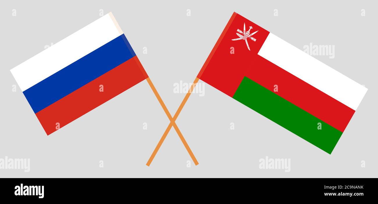 Crossed flags of Oman and Russia. Official colors. Correct proportion ...