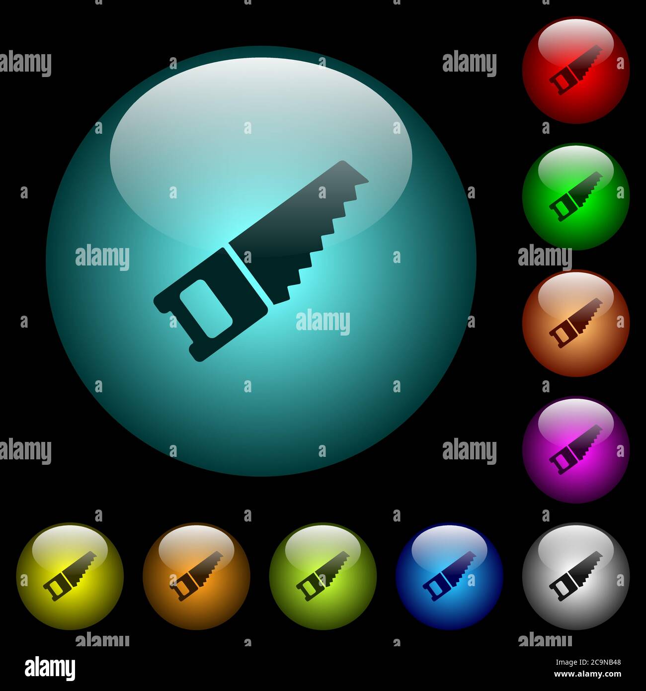 Hand saw icons in color illuminated spherical glass buttons on black ...