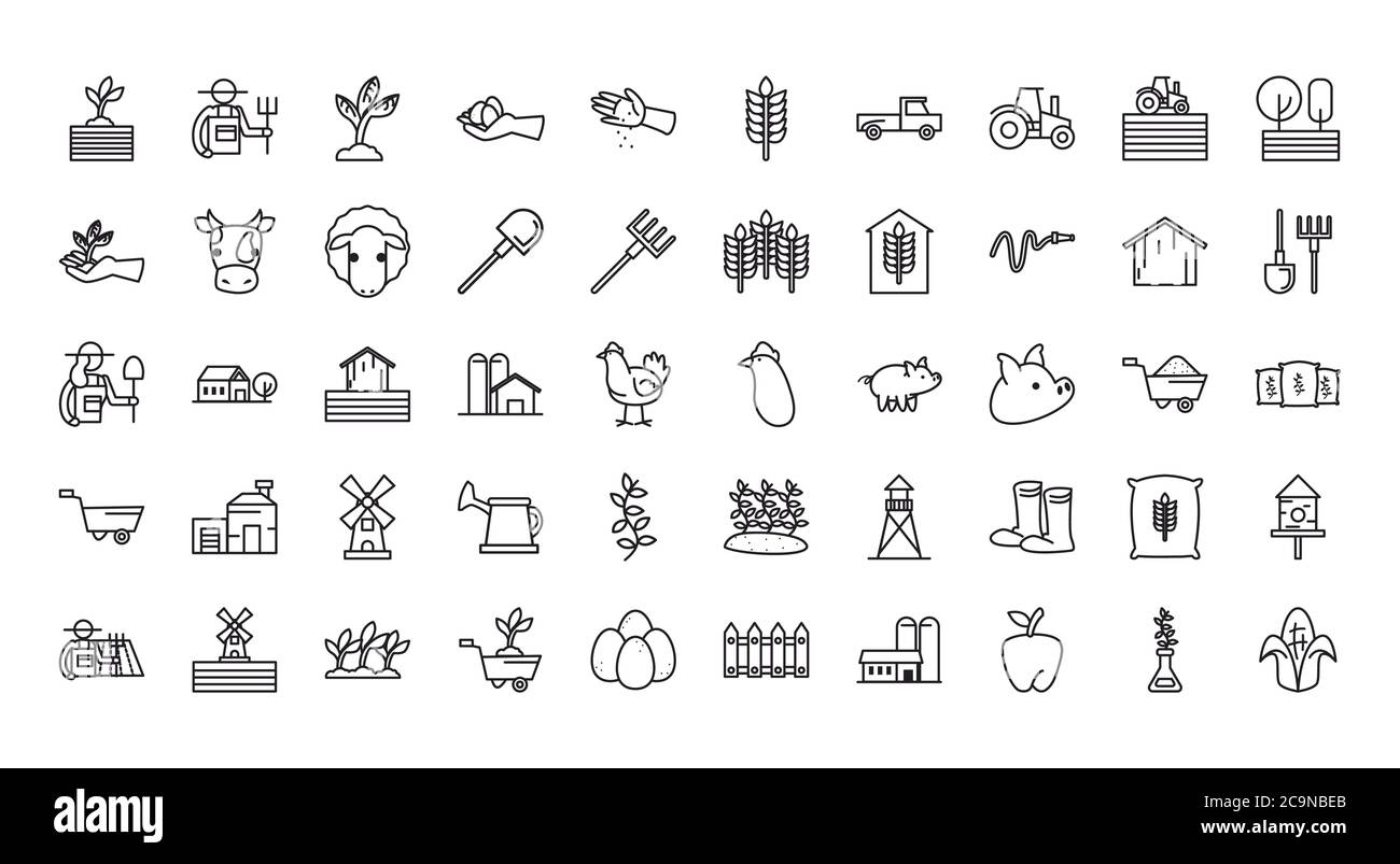farm line style icon set design, agronomy lifestyle agriculture harvest ...
